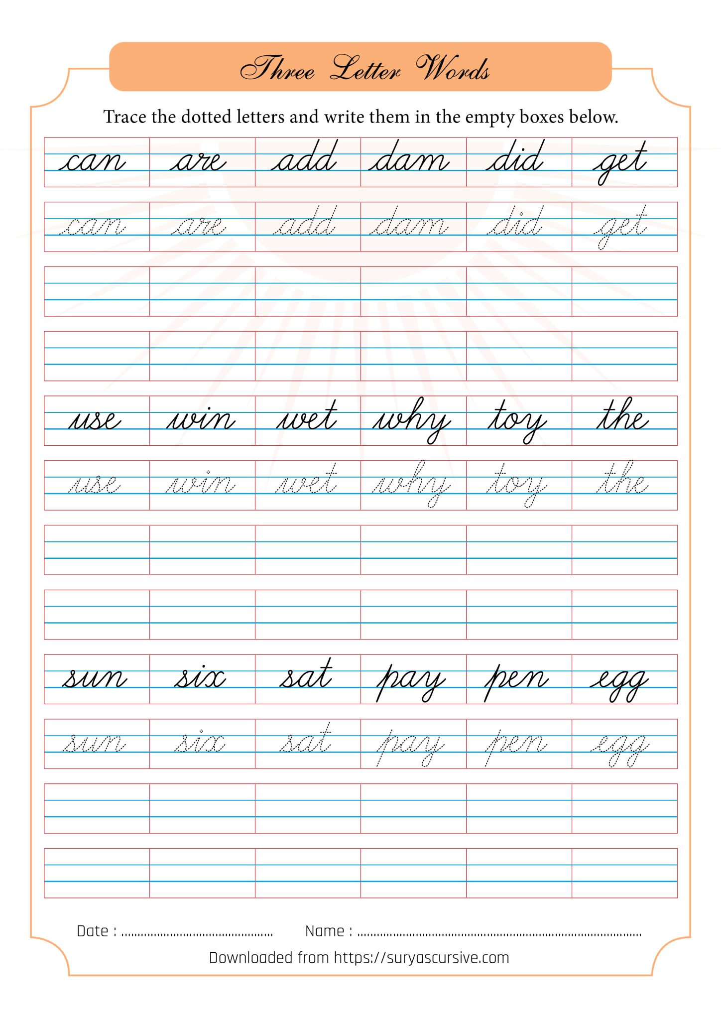 Three letter words in Cursive - SuryasCursive.com
