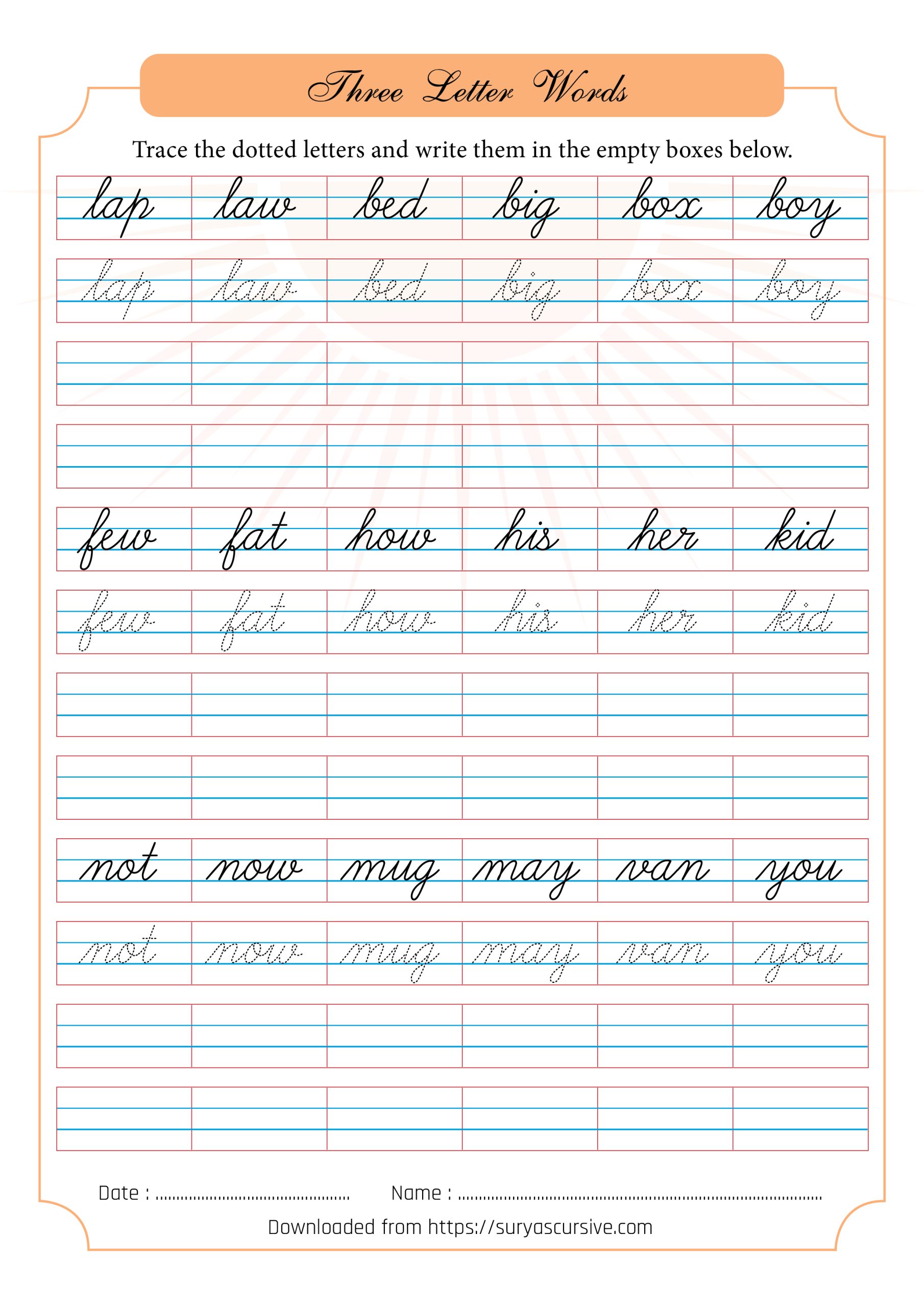 Three letter words in Cursive - SuryasCursive.com
