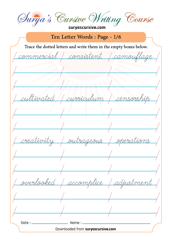 Ten Letter Words in Cursive - SuryasCursive.com