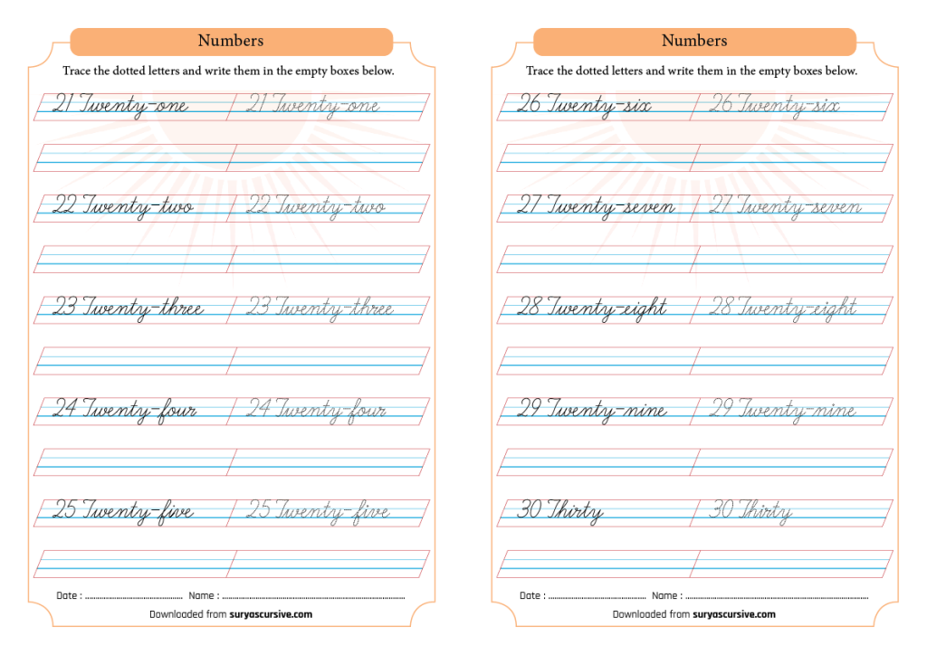 21 to 30 Spellings in Cursive Writing (Worksheet) - SuryasCursive.com