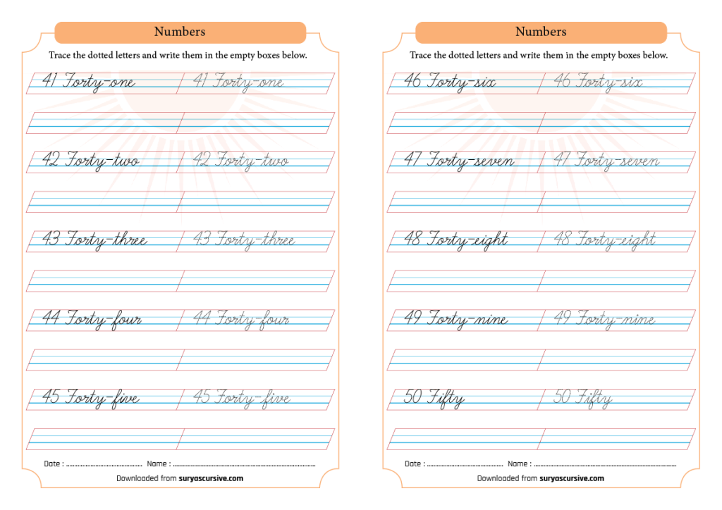 41 to 50 Spellings in Cursive Writing (Worksheet) - SuryasCursive.com