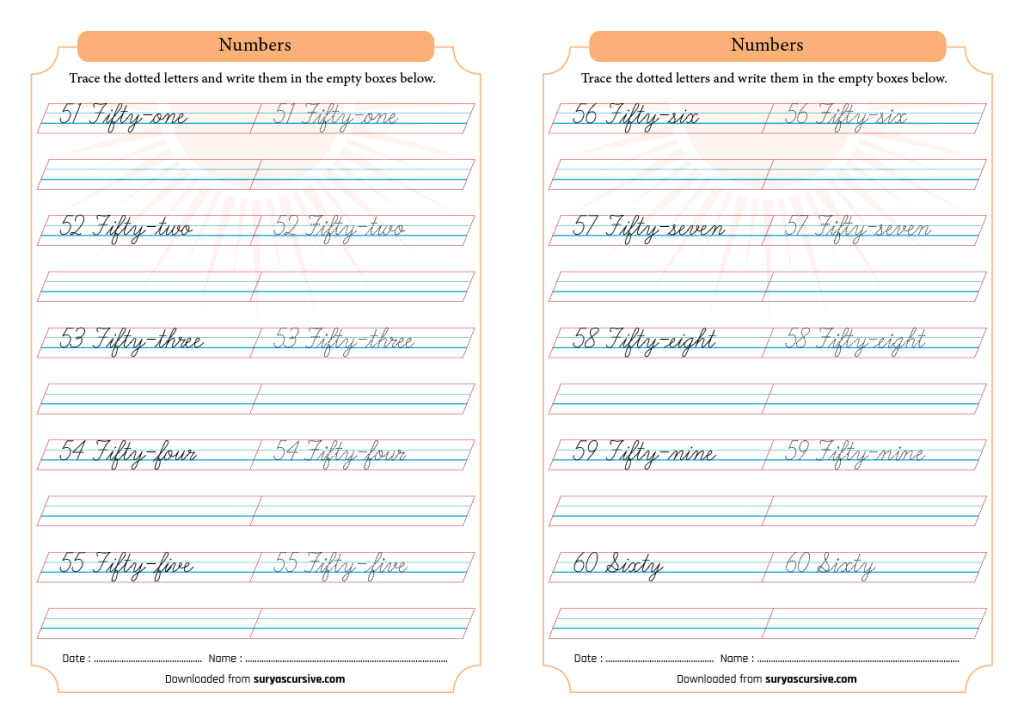 51 to 60 Spellings in Cursive Writing (Worksheet) - SuryasCursive.com