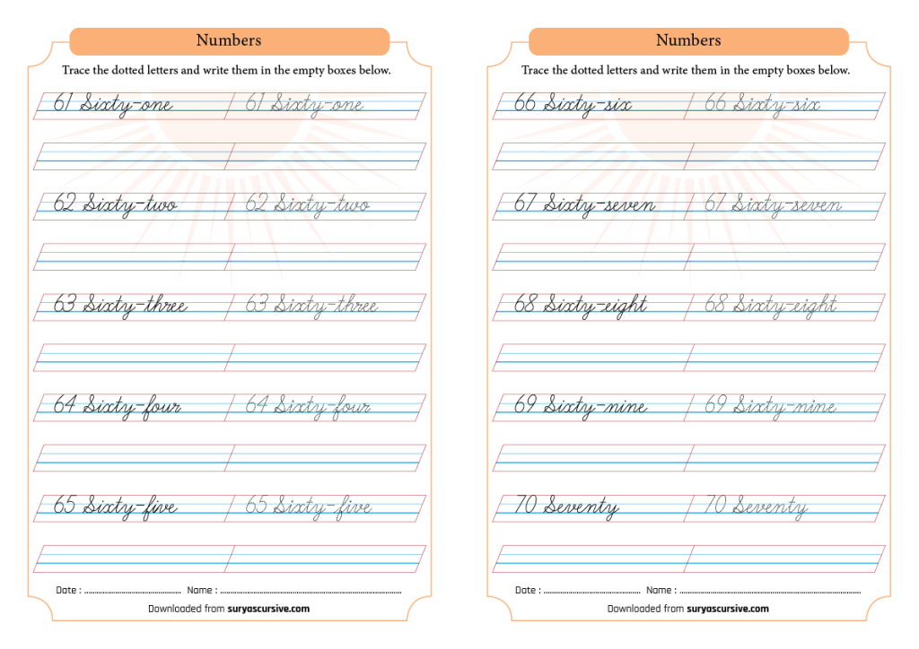 61 to 70 Spellings in Cursive Writing (Worksheet) - SuryasCursive.com