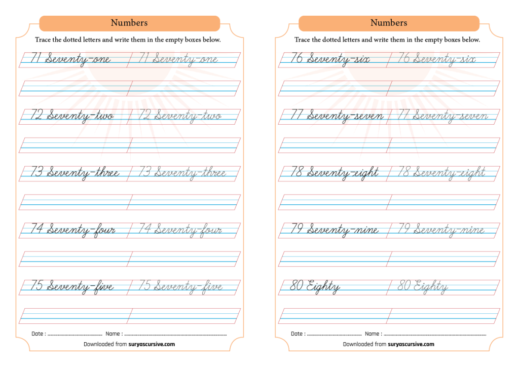 71 to 80 Spellings in Cursive Writing (Worksheet) - SuryasCursive.com