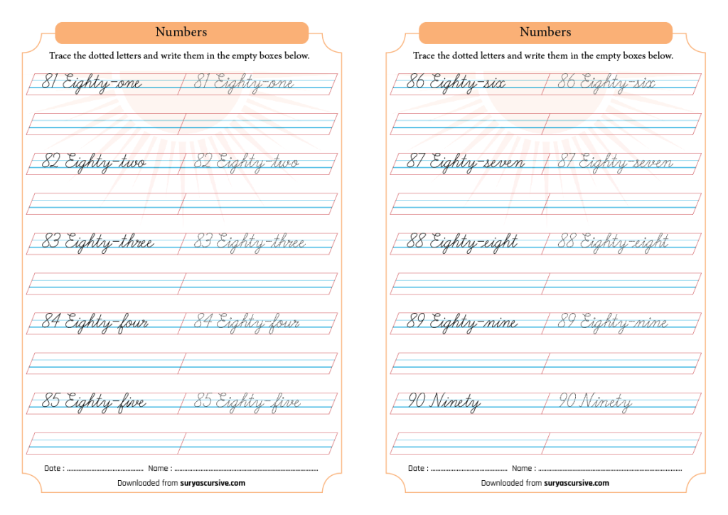 81 to 90 Spellings in Cursive Writing (Worksheet) - SuryasCursive.com