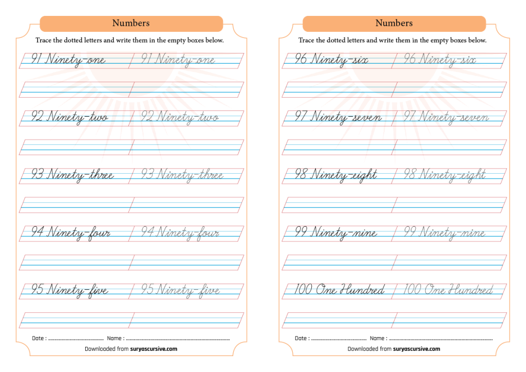 91 to 100 Spellings in Cursive Writing (Worksheet) - SuryasCursive.com
