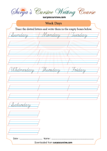 Days of the Week - Cursive Worksheets - SuryasCursive.com