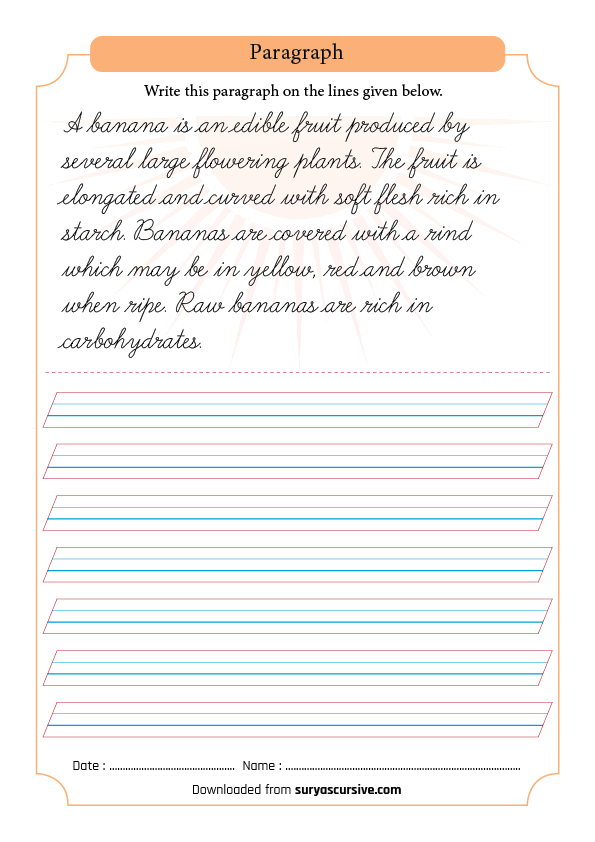 Banana Passage in Cursive Writing (4-Lined Worksheet PDF ...