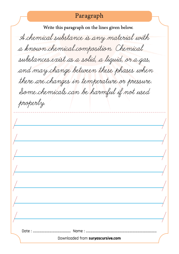 Chemicals Passage in Cursive Writing (1-Lined Worksheet PDF ...