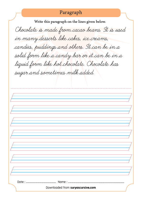Chocolate Passage in Cursive Writing (4-Lined Worksheet PDF ...