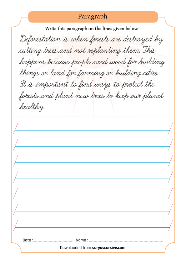 Deforestation Passage in Cursive Writing (1-Lined Worksheet PDF ...