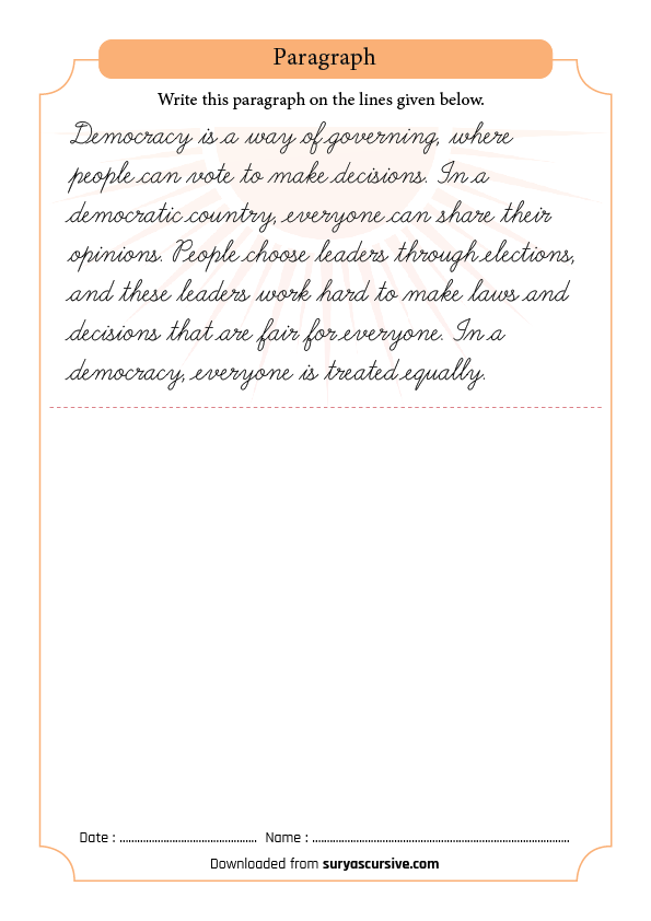Democracy Passage in Cursive Writing (White Paper Worksheet PDF ...