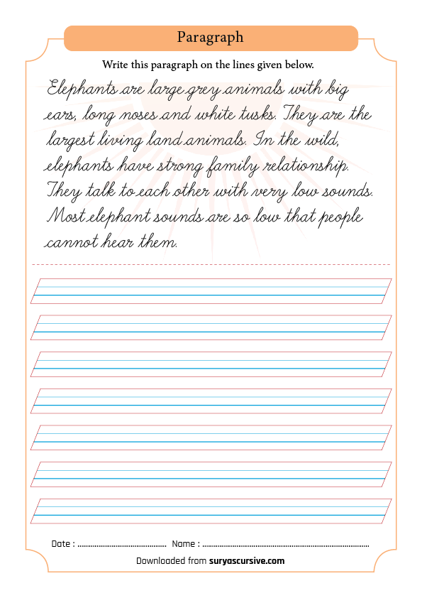 Elephants Passage in Cursive Writing (4-Lined Worksheet PDF ...