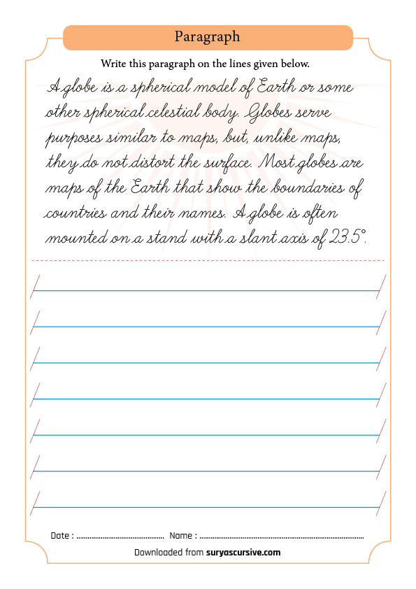 Globe Passage in Cursive Writing (1-Lined Worksheet PDF ...