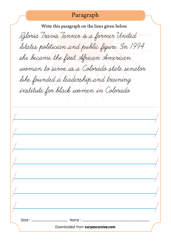 Gloria Travis Tanner Passage in Cursive Writing (1-Lined Worksheet PDF ...