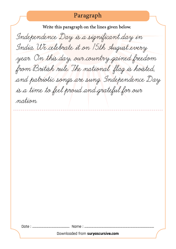 Independence Day Passage in Cursive Writing (White Paper Worksheet PDF ...
