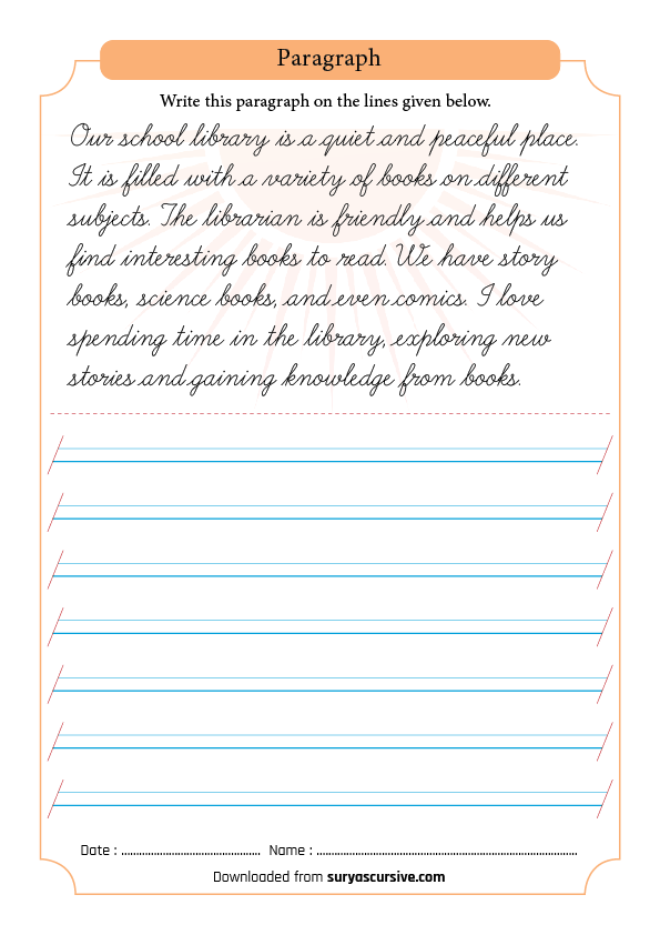 Library Passage in Cursive Writing (2-Lined Worksheet PDF ...