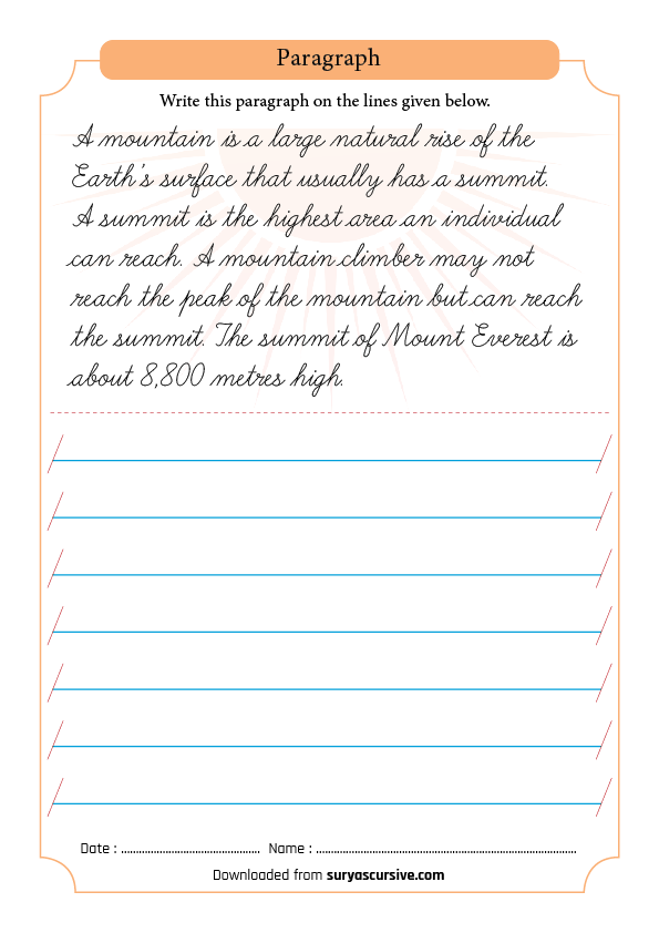 Mountain Passage in Cursive Writing (1-Lined Worksheet PDF ...