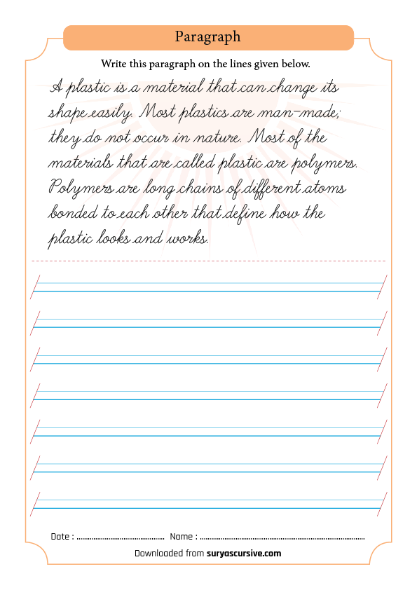 Plastic Passage in Cursive Writing (2-Lined Worksheet PDF ...