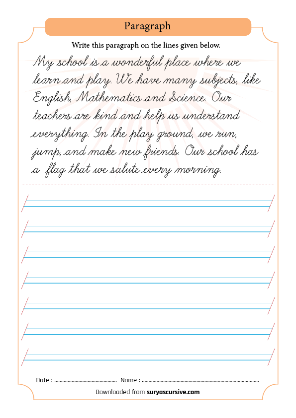 School Passage in Cursive Writing (2-Lined Worksheet PDF ...