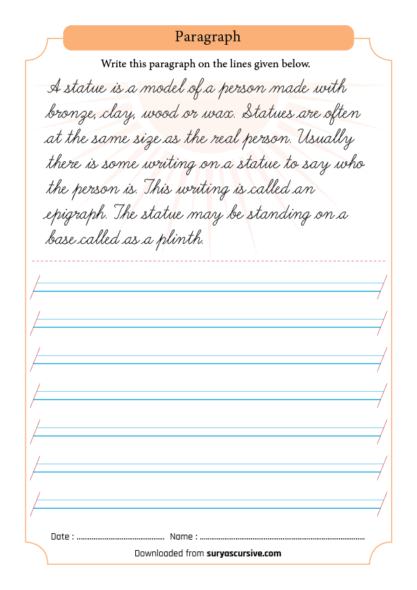 Statue Passage in Cursive Writing (2-Lined Worksheet PDF ...