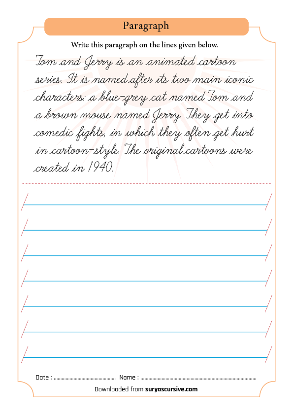 Tom and Jerry Passage in Cursive Writing (1-Lined Worksheet PDF ...