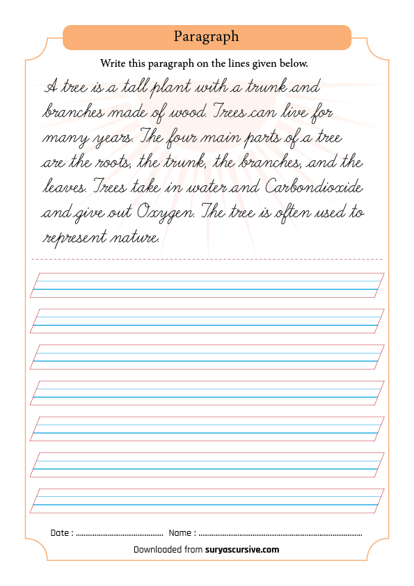 Tree Passage in Cursive Writing (4-Lined Worksheet PDF) - SuryasCursive.com