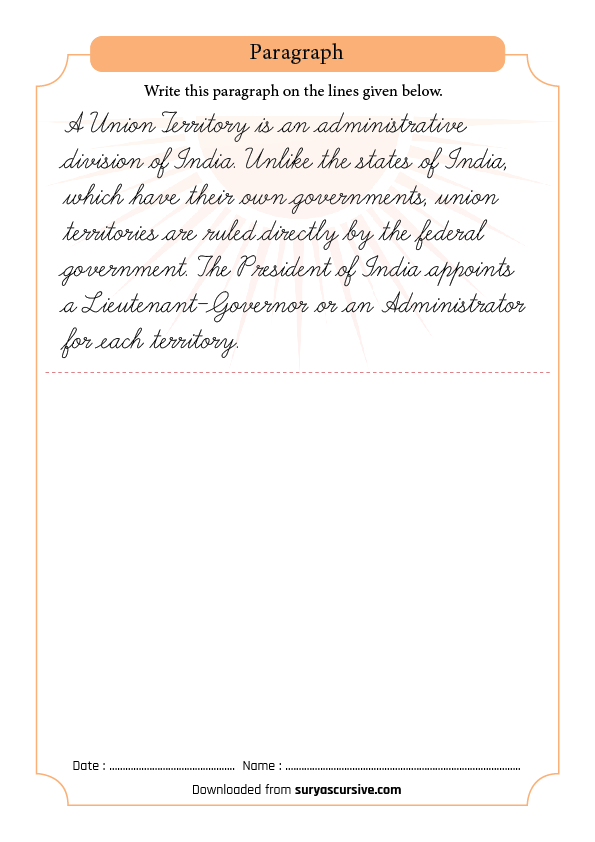 Union Territory Passage in Cursive Writing (White Paper Worksheet PDF ...