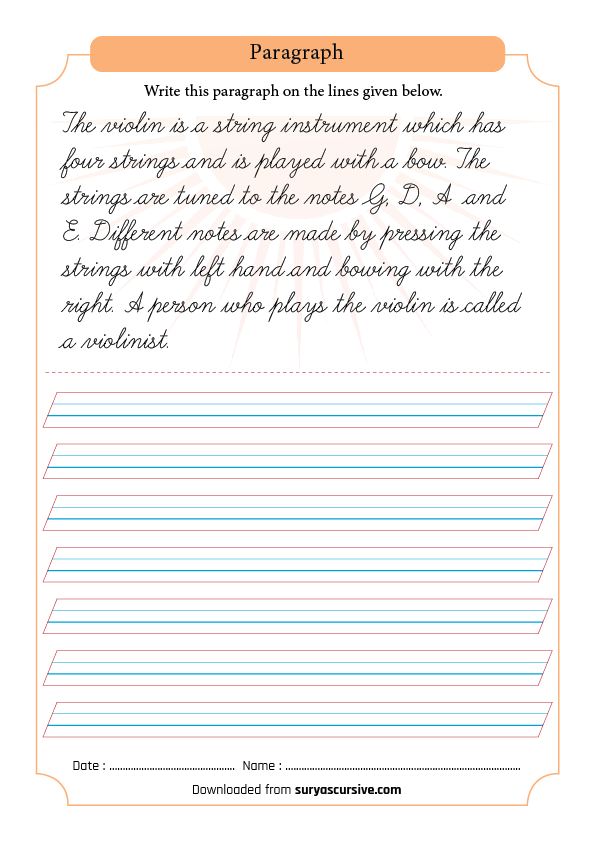 Violin Passage in Cursive Writing (4-Lined Worksheet PDF ...