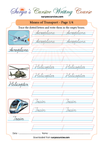 Means of Transport in Cursive with Pictures Worksheet - SuryasCursive.com